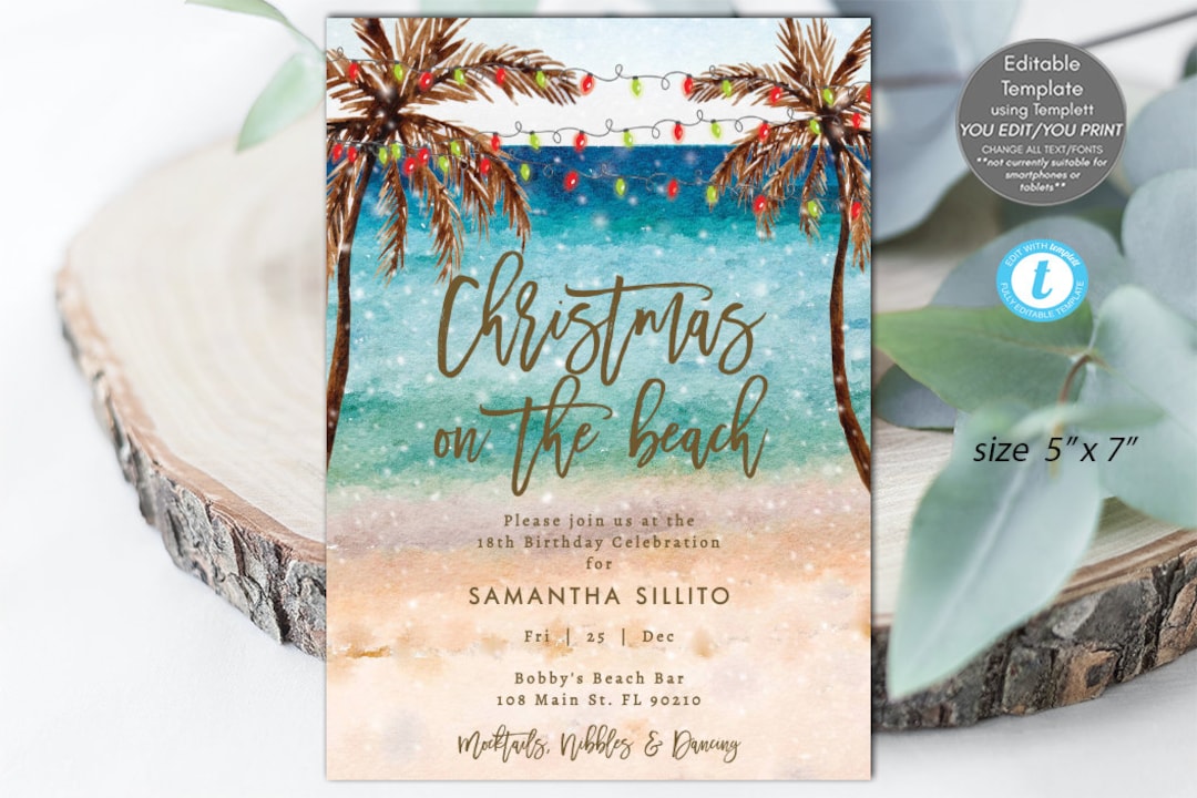 Christmas at the Beach Editable Invitation Template, Christmas Beach ...