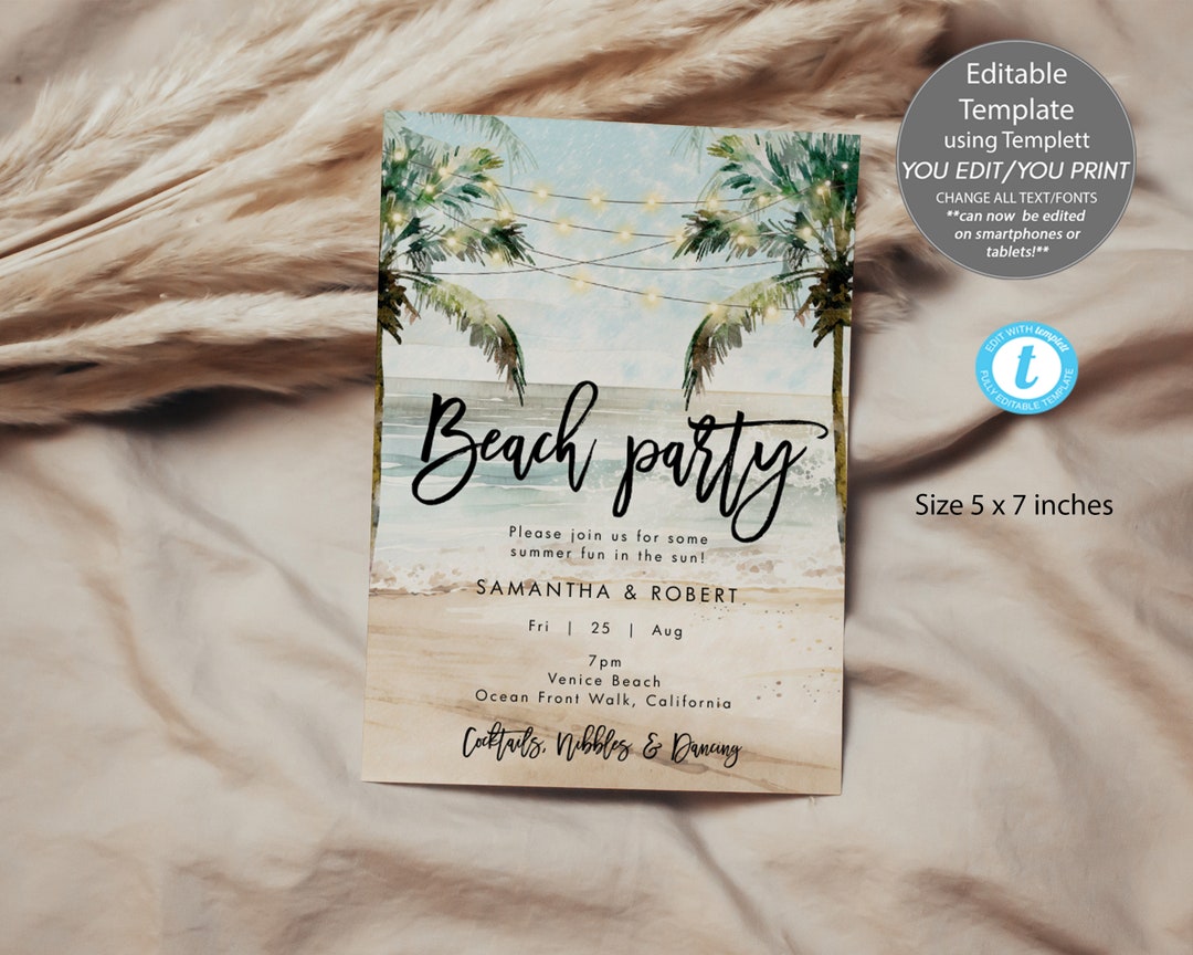 Beach Party Invitation Editable Template, Editable Beach Invitation ...