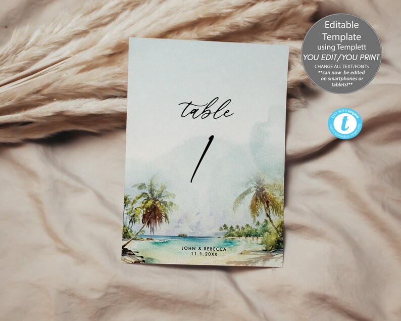 Beach Table Numbers Editable Template, Tropical Wedding Table Numbers ...