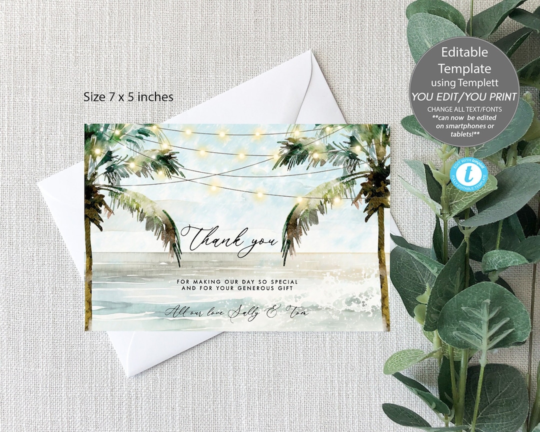 Tropical Beach Palms Flat Thank You Card Editable Template, Printable ...