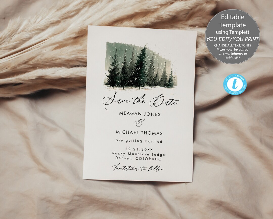 Winter Save the Date Template, Rustic Winter Trees Save the Date ...