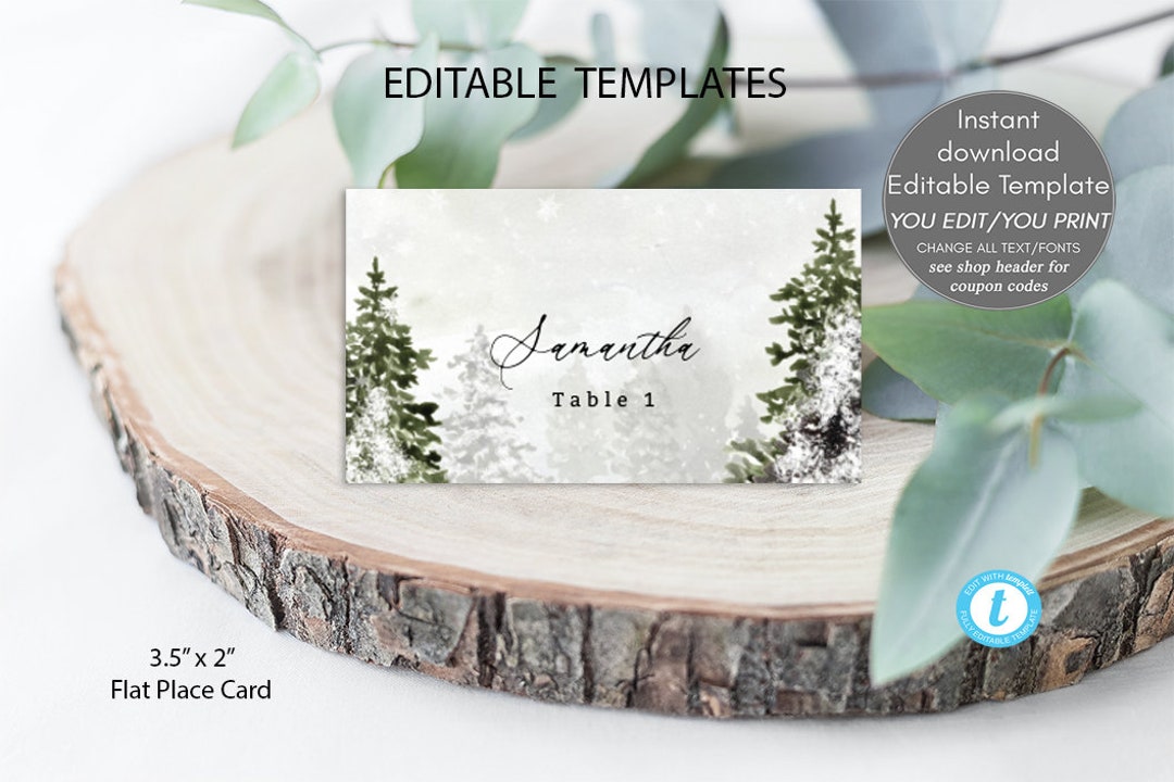 Winter Wonderland Wedding Place Cards, Editable Name Card Template ...
