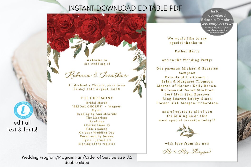 Red roses wedding program editable wedding program fan | Etsy