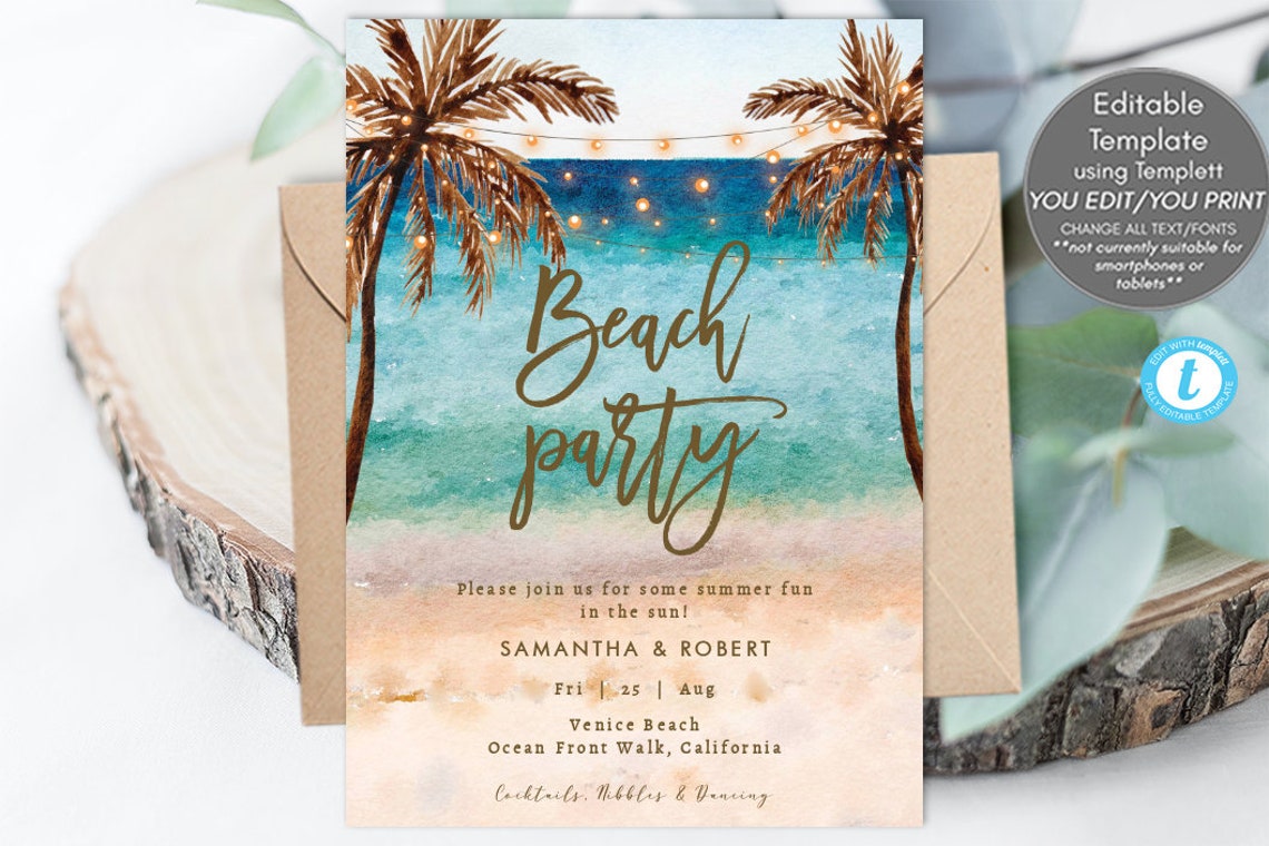 Beach Party Invitation Editable Template, Editable Beach Invitation ...