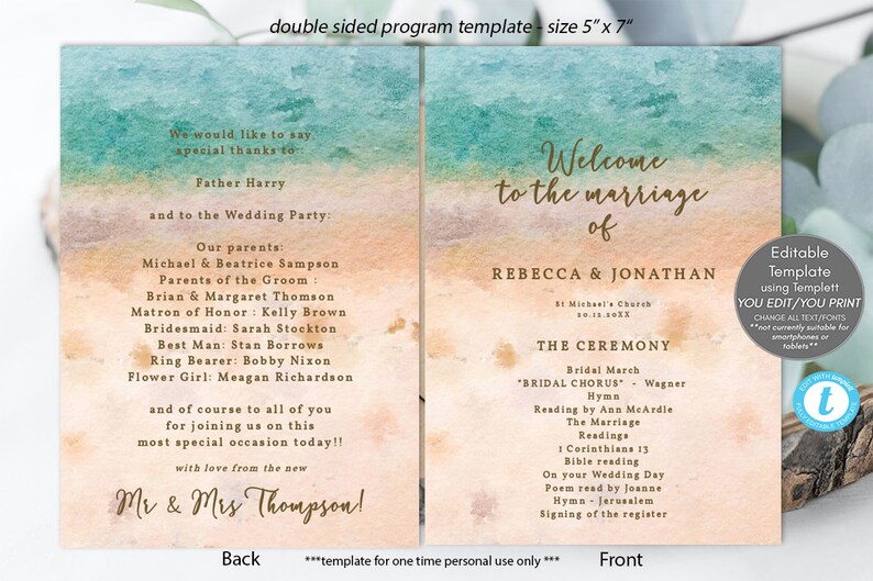 Beach Wedding Program Printable Editable Beach Wedding | Etsy