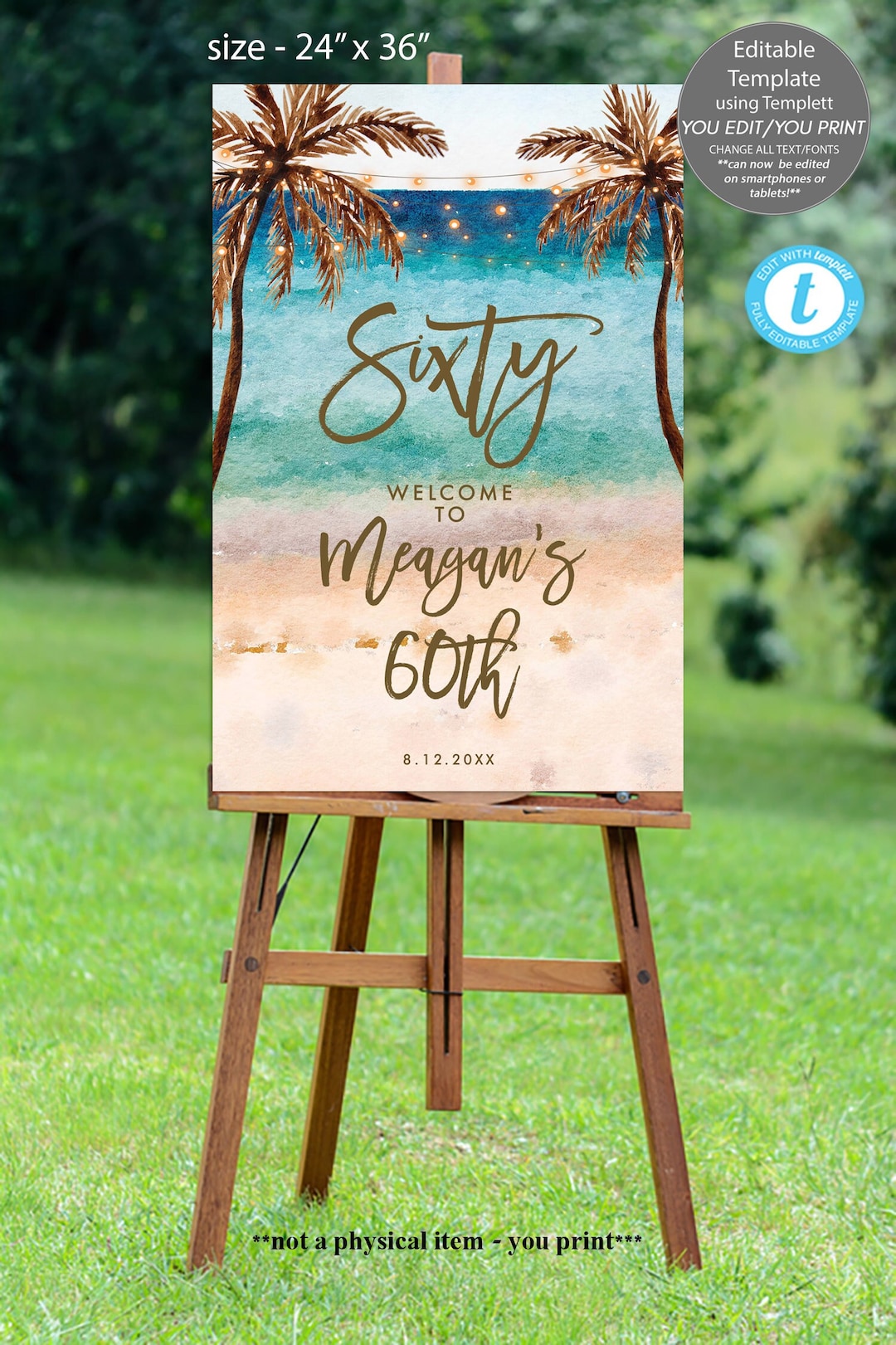 Beach Sixty Welcome Sign Template, Editable Beach 60 Birthday Sign ...