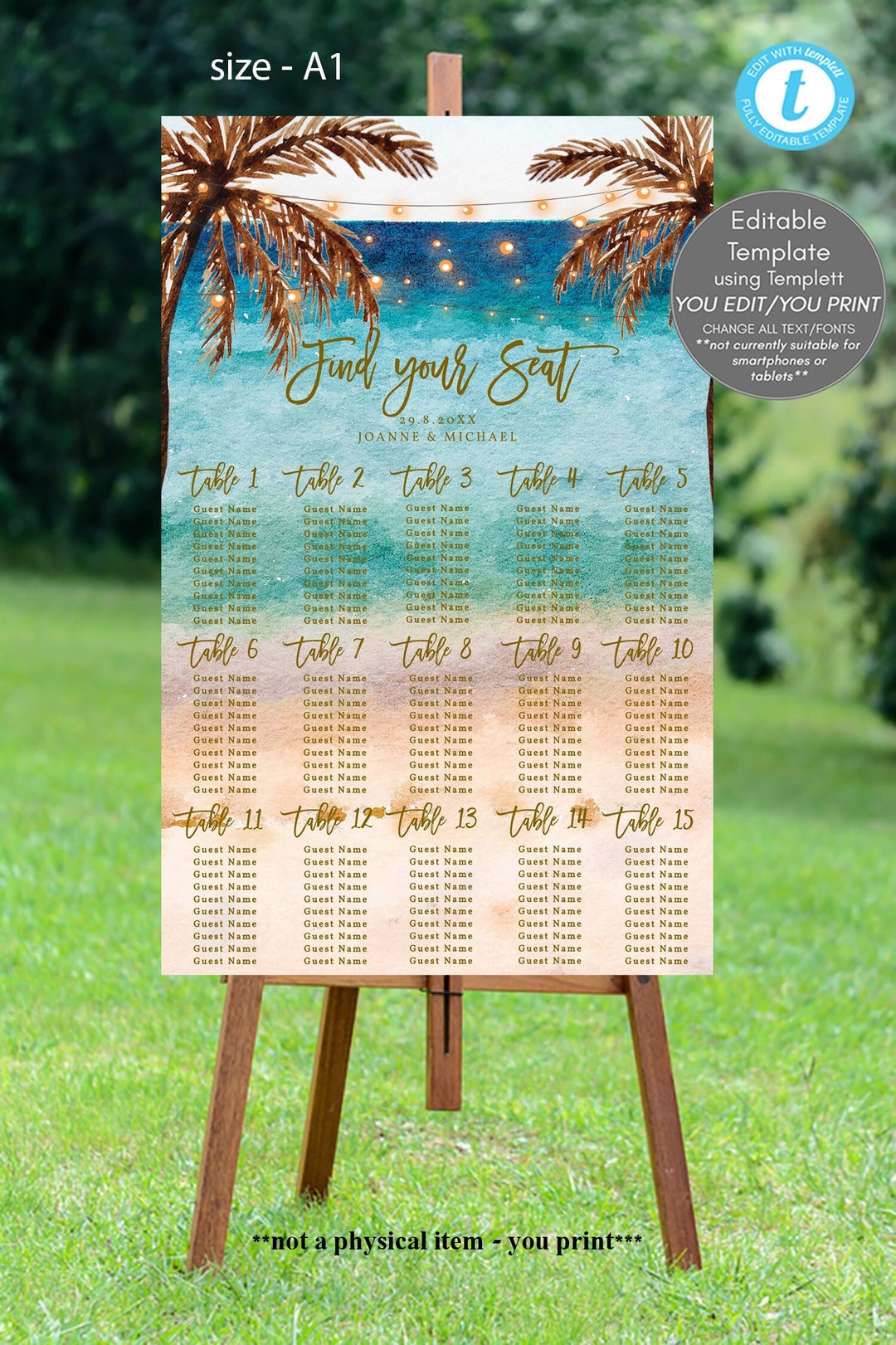 Beach Seating Chart Editable Template, Tropical Seating Chart Sign ...