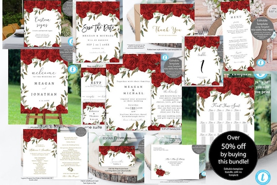 Red Roses Wedding Template Bundle Printable Wedding - Etsy