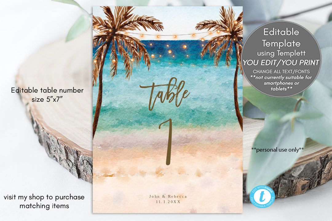 Beach Table Numbers Editable Template, Tropical Wedding Table Numbers ...