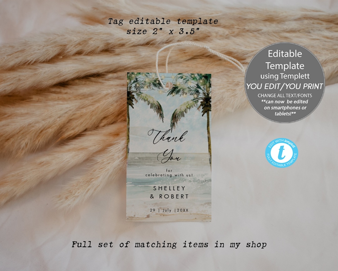 Beach Palms Favour Tag Template, Beach Wedding Tags Printable, Beach ...