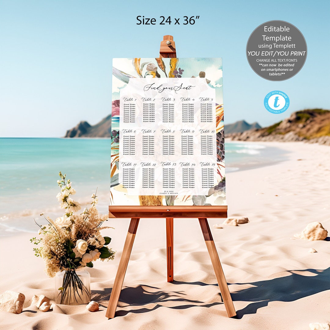 Tropical Beach Floral Seating Chart Editable Template, Tropical Seating ...
