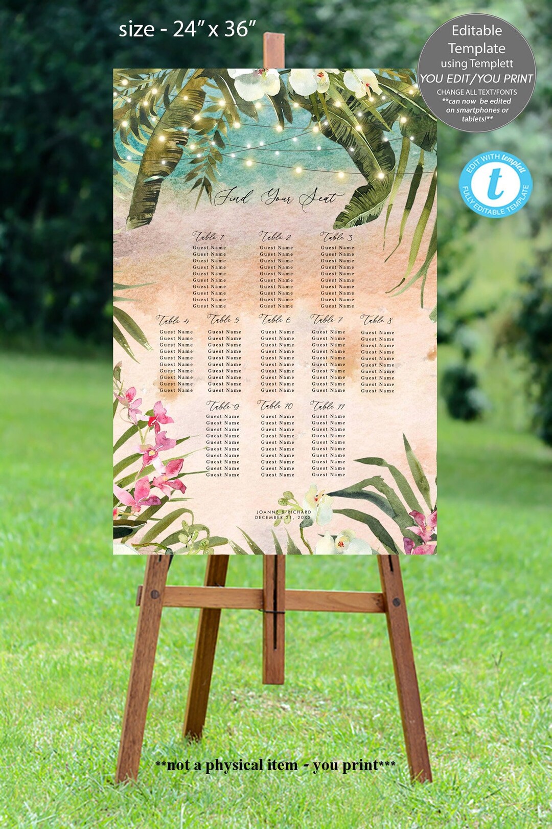 Beach Tropical Flowers Seating Chart Editable Template, Tropical ...