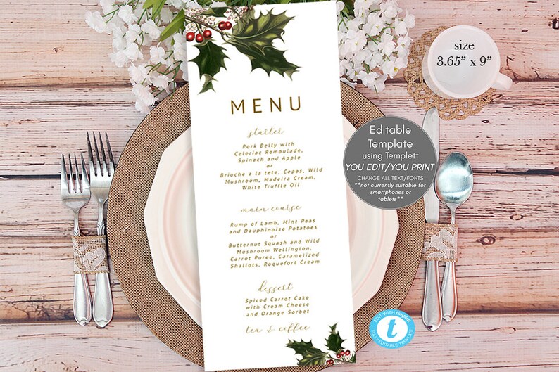 Winter Wedding Menu Editable Template, Christmas Menu Template ...
