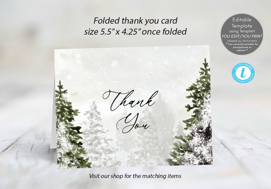 Rustic Winter Folded Thank You Card Editable Template, Printable Winter ...