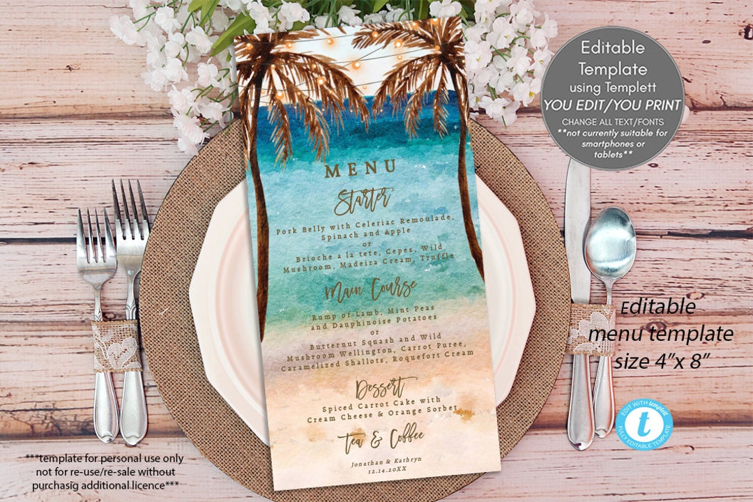Beach Wedding Menu Printable, Beach Wedding Menu Editable Template ...