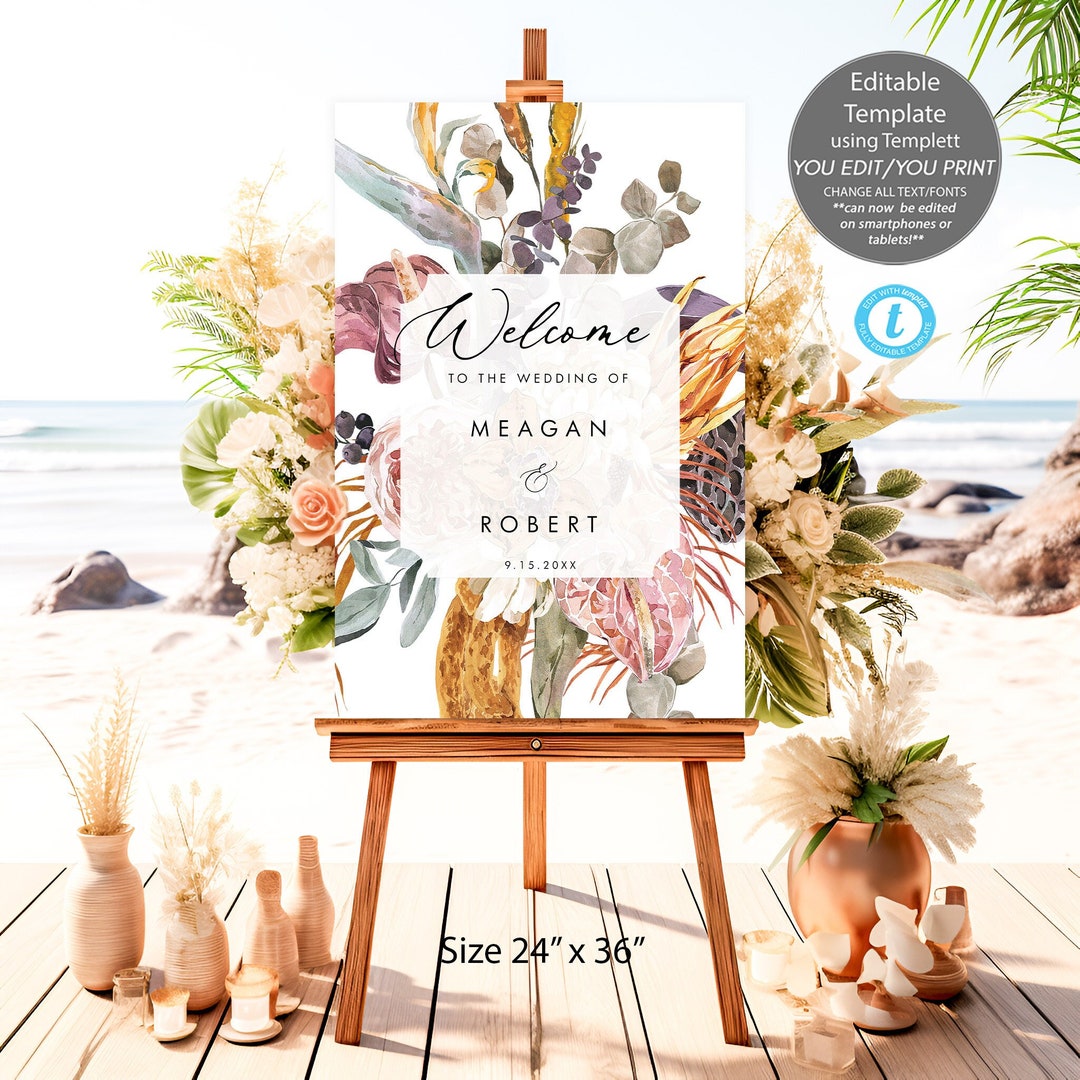 Tropical Floral Welcome Sign Template, Tropical Wedding Sign Template ...