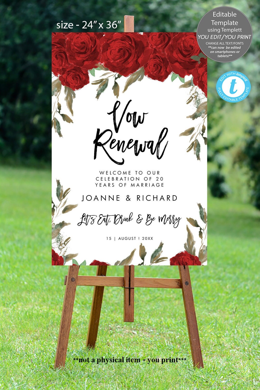 Red Roses Greenery Vow Renewal Welcome Sign Template, Red Roses Vow ...