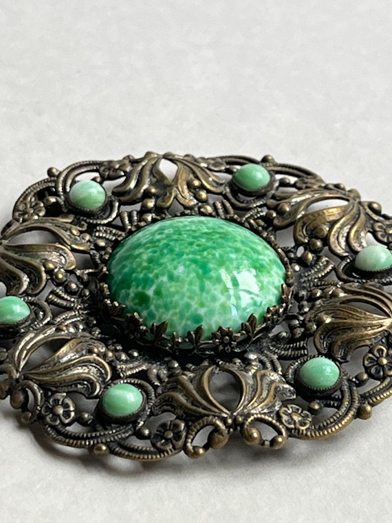 Antique Green Dot Jade Stamped Brass Brooch Sash Pin … - Gem