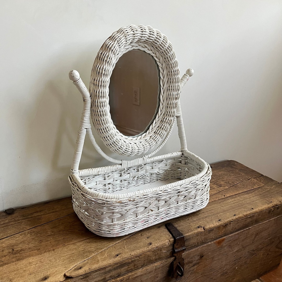Vintage White Wicker Vanity Mirror With Basket, Boho Wicker Vanity ...