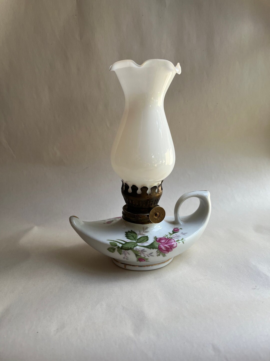 Vintage Rose Motif Porcelain Aladdin Style Miniature Kerosene Oil Lamps ...