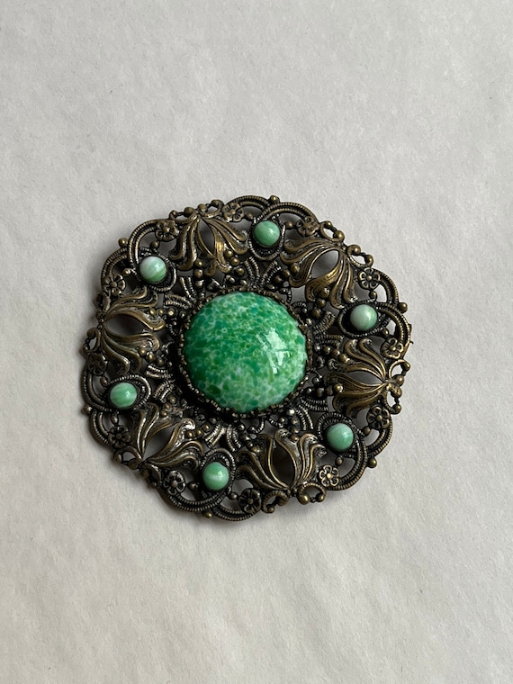 Antique Green Dot Jade Stamped Brass Brooch Sash Pin … - Gem