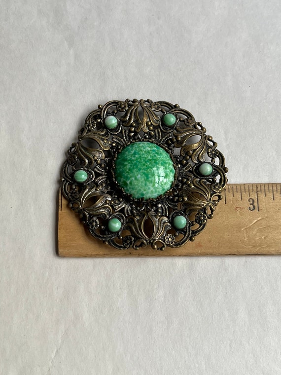 Antique Green Dot Jade Stamped Brass Brooch Sash Pin … - Gem