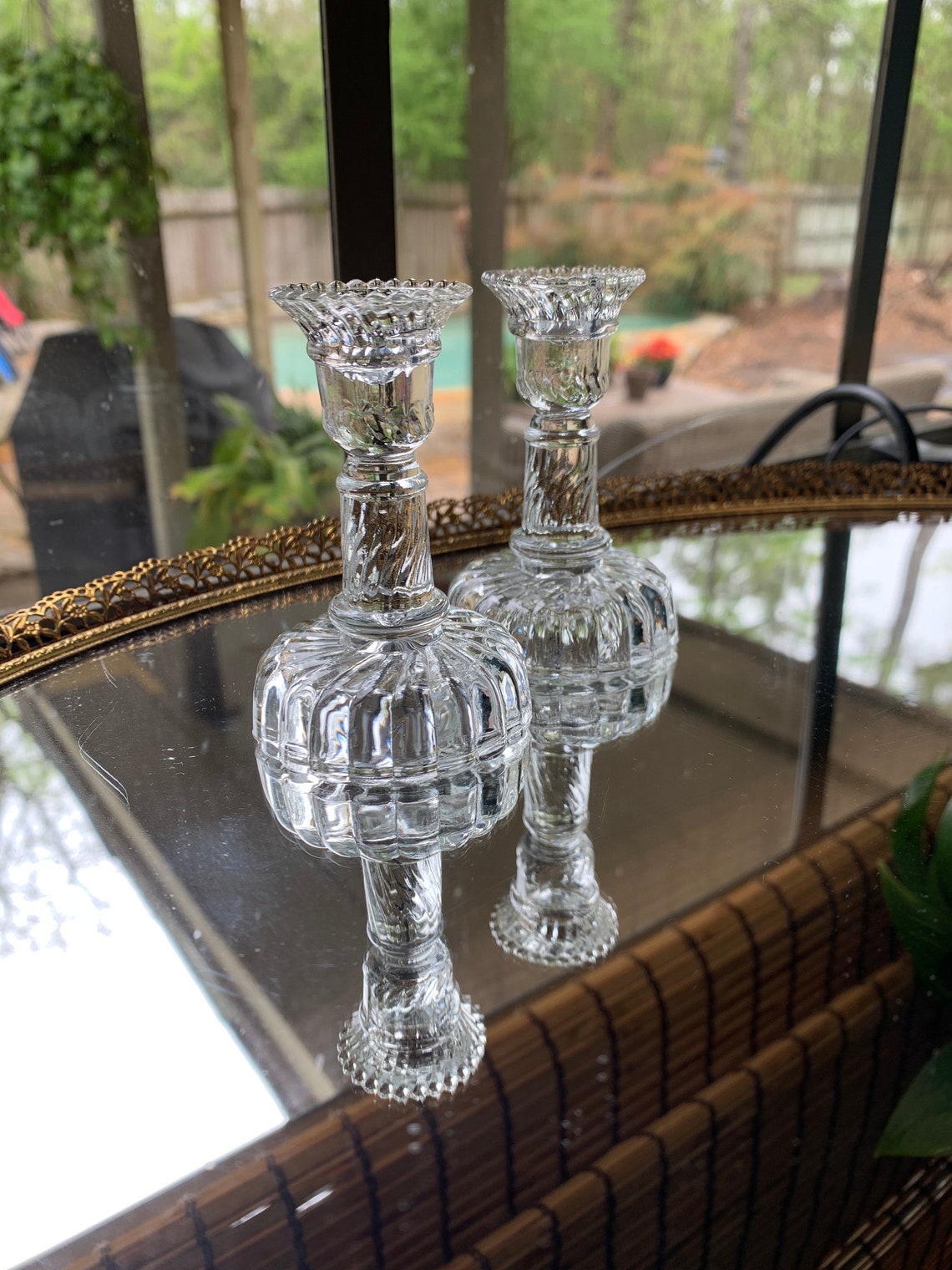 Antique Small Clear Glass Candle Stick Holders - Etsy