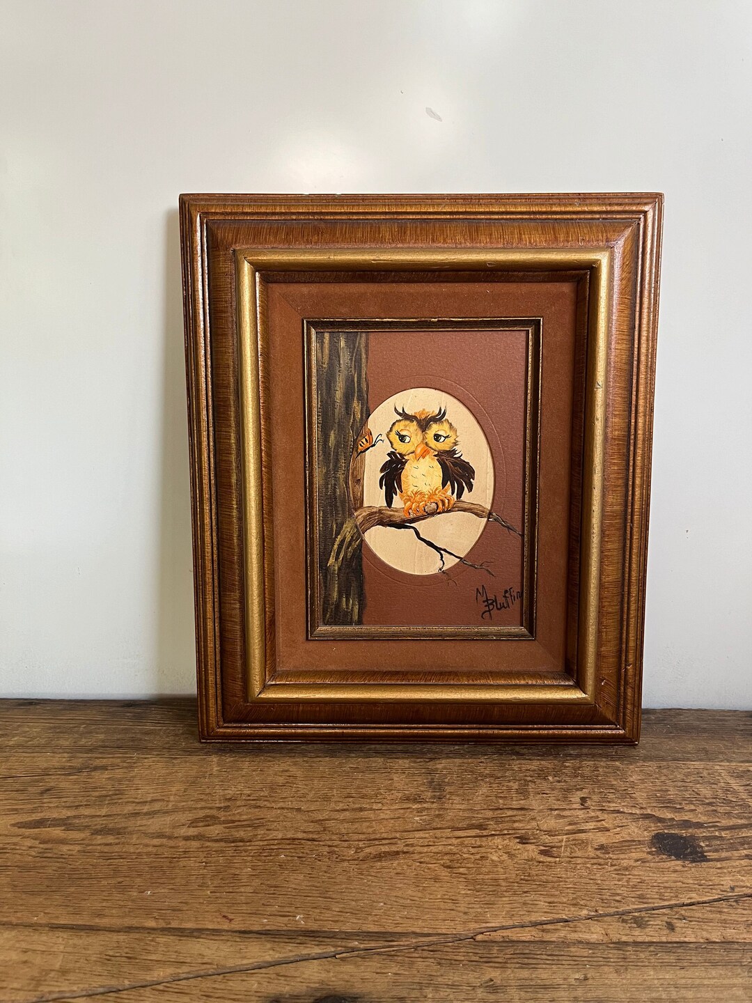 Vintage Little Owl Oil Painting by Texas Artist Maxine Bluffin, Framed ...