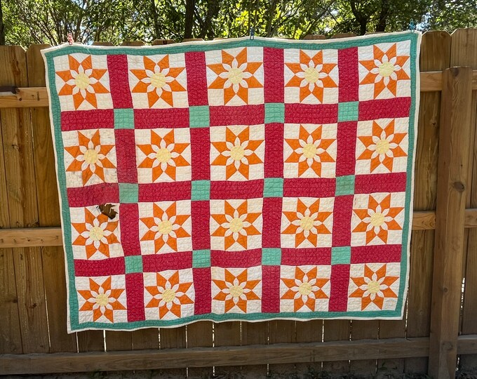 Vintage 1940s Eight Point Star and Flower Block Pattern Quilt ...