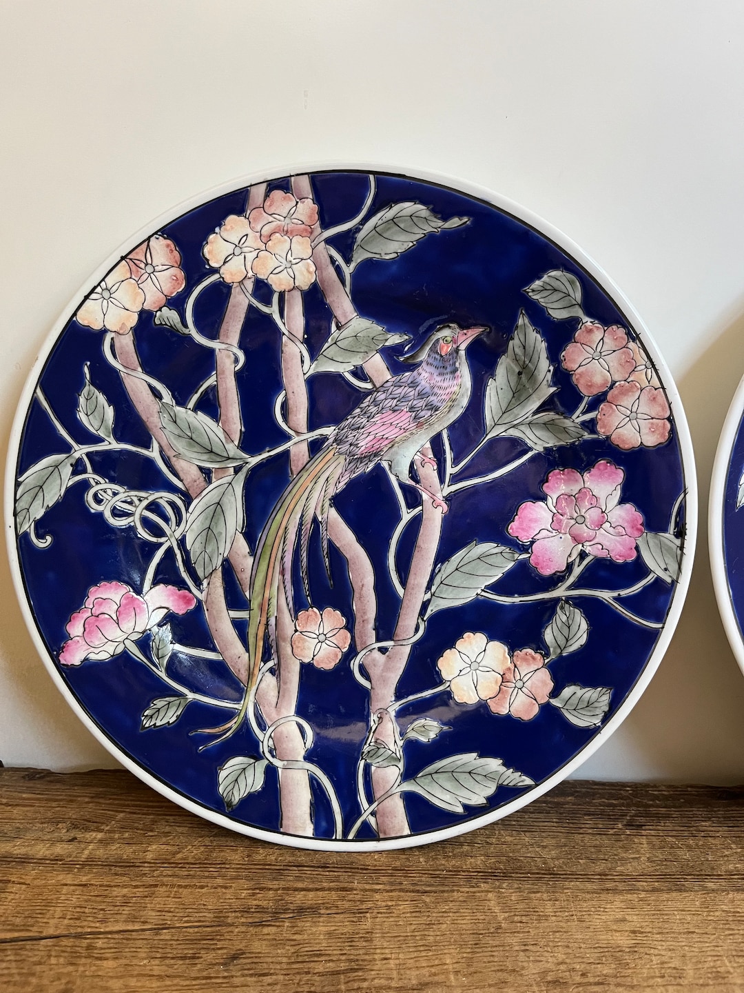 Vintage Macau Porcelain Plate: Hand-painted Bird and Flowers, Cobalt ...