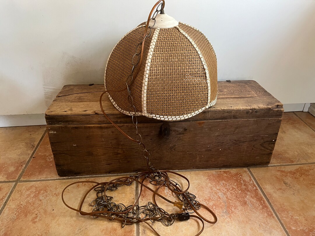 Vintage Electric White Wicker Rattan Swag Lamp Shade With Milk Glass ...