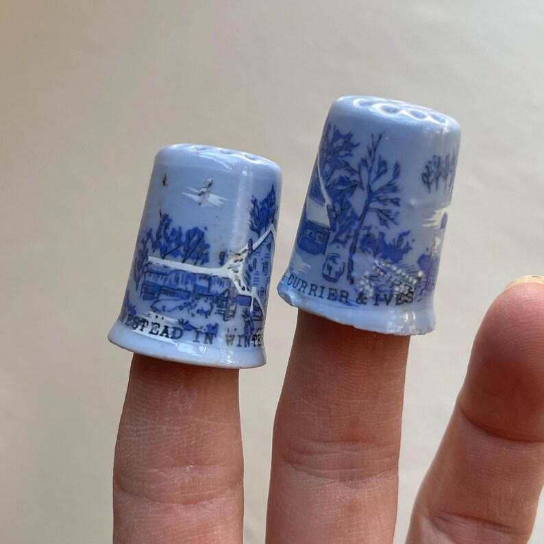 Vintage Blue Currier and Ives Porcelain Thimble Pair, the Old Home in ...