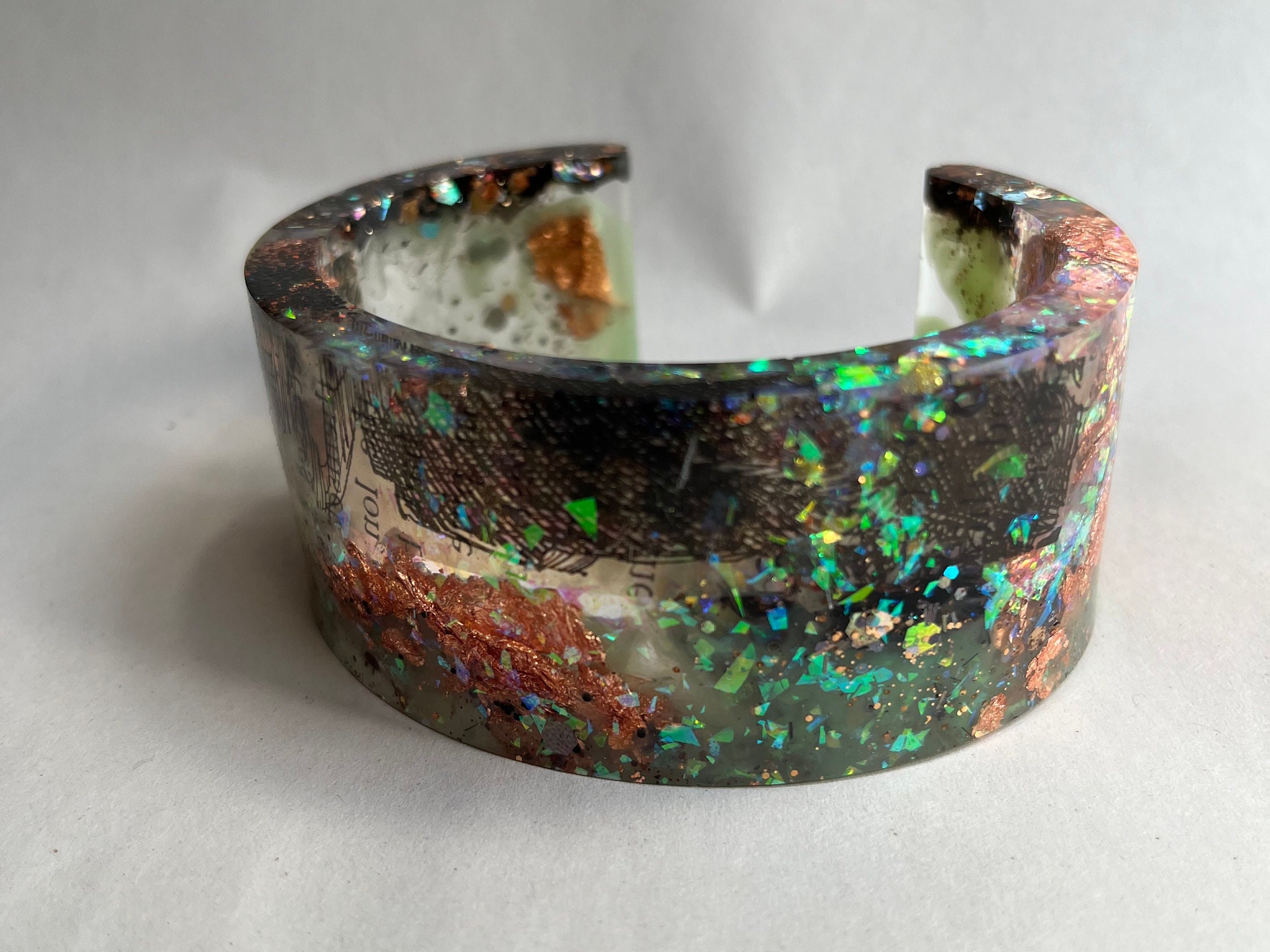 Sea Foam Green and Black Opal Copper Resin Cuff Bracelet Big Bangle ...
