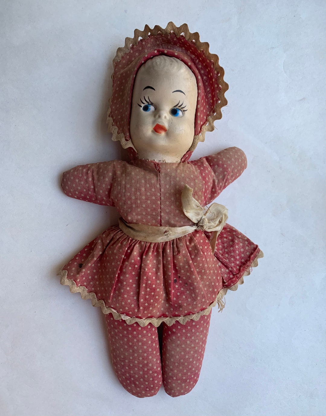 Vintage Mask Face Doll Red White Polka Dot Stuffed Plush Plastic Face ...