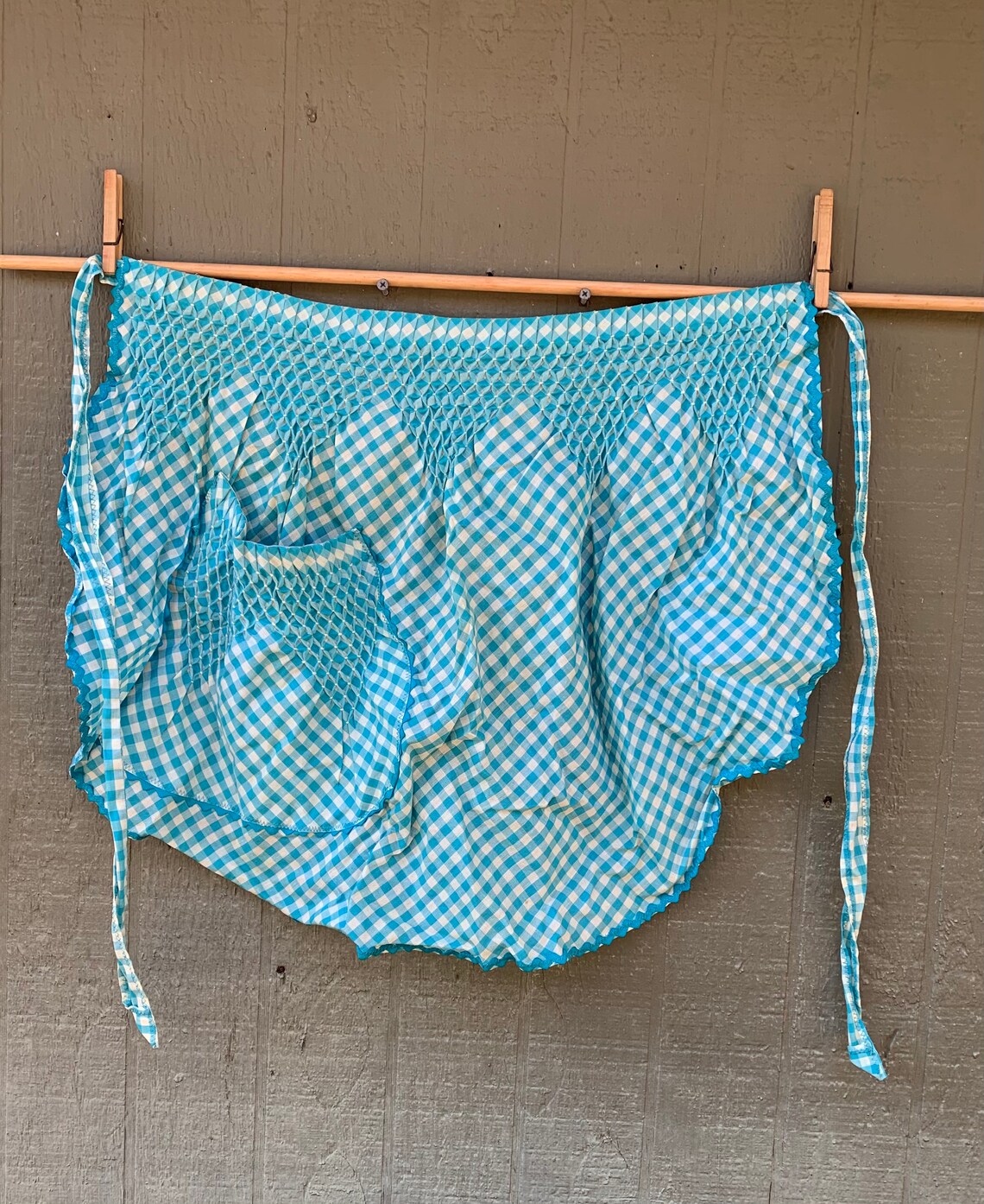 Vintage Teal & White Gingham Half Apron With Long Tie String | Etsy