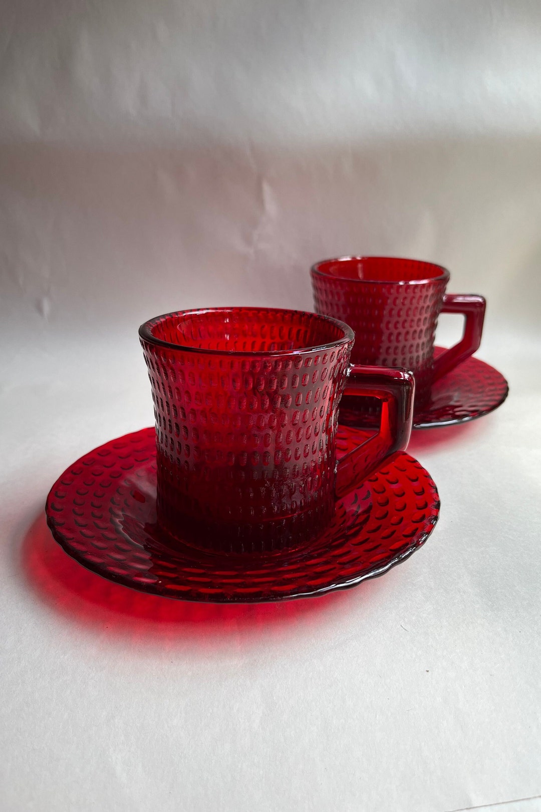 Ruby Glass Coffee Mug and Saucer Red Glass Cups With D Handles Strawberry Pattern Etsy