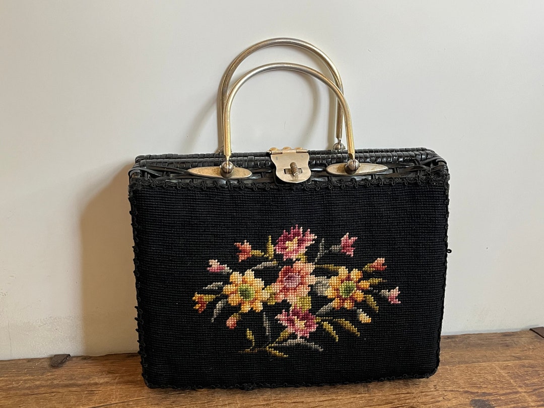 Vintage Black Wicker Box Purse With Floral Needlework by Macys New York ...