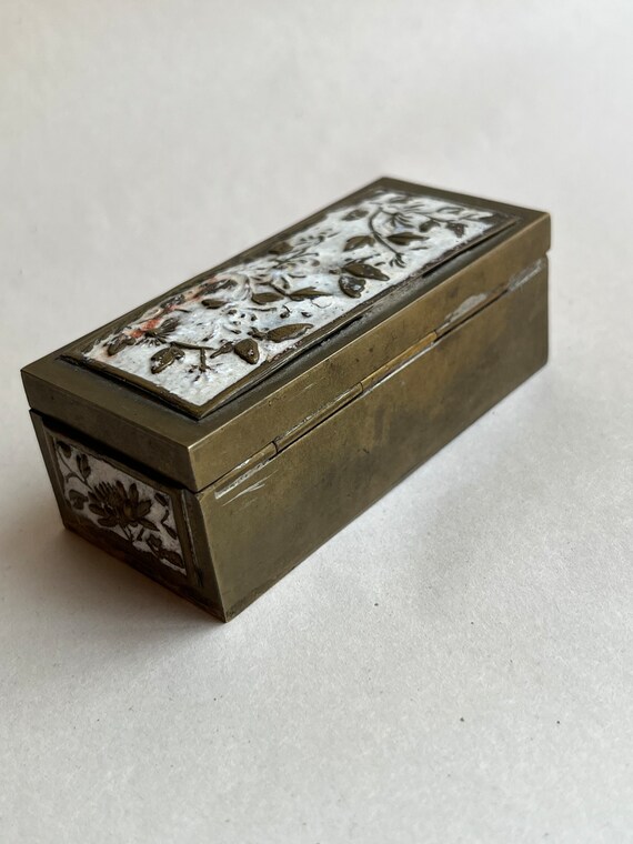 Antique Butterfly Floral Brass Chinese Stamp Box, Whi… - Gem