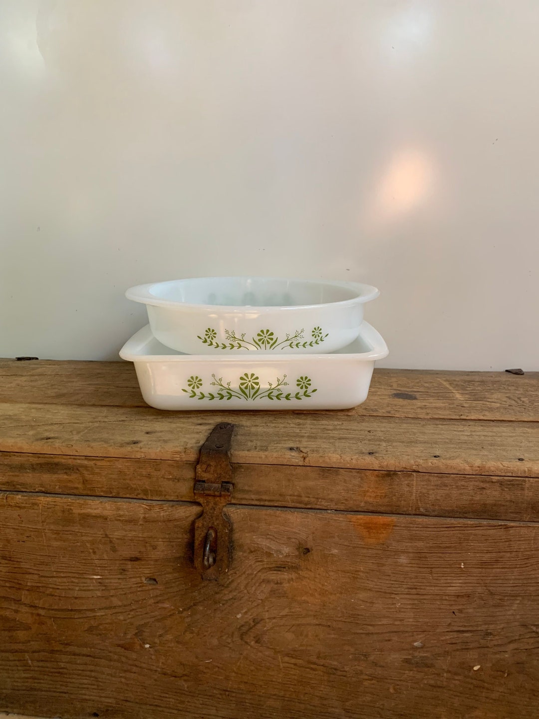 Vintage Glasbake Primrose Dream Green Floral Milk Glass Baking Dish Set ...