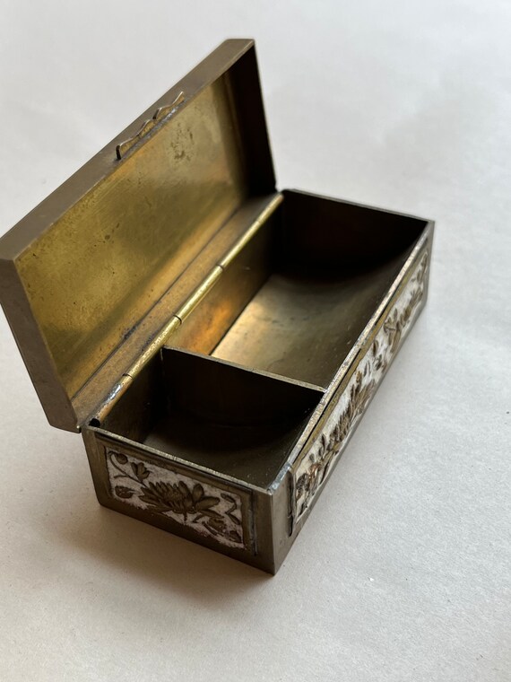 Antique Butterfly Floral Brass Chinese Stamp Box, Whi… - Gem