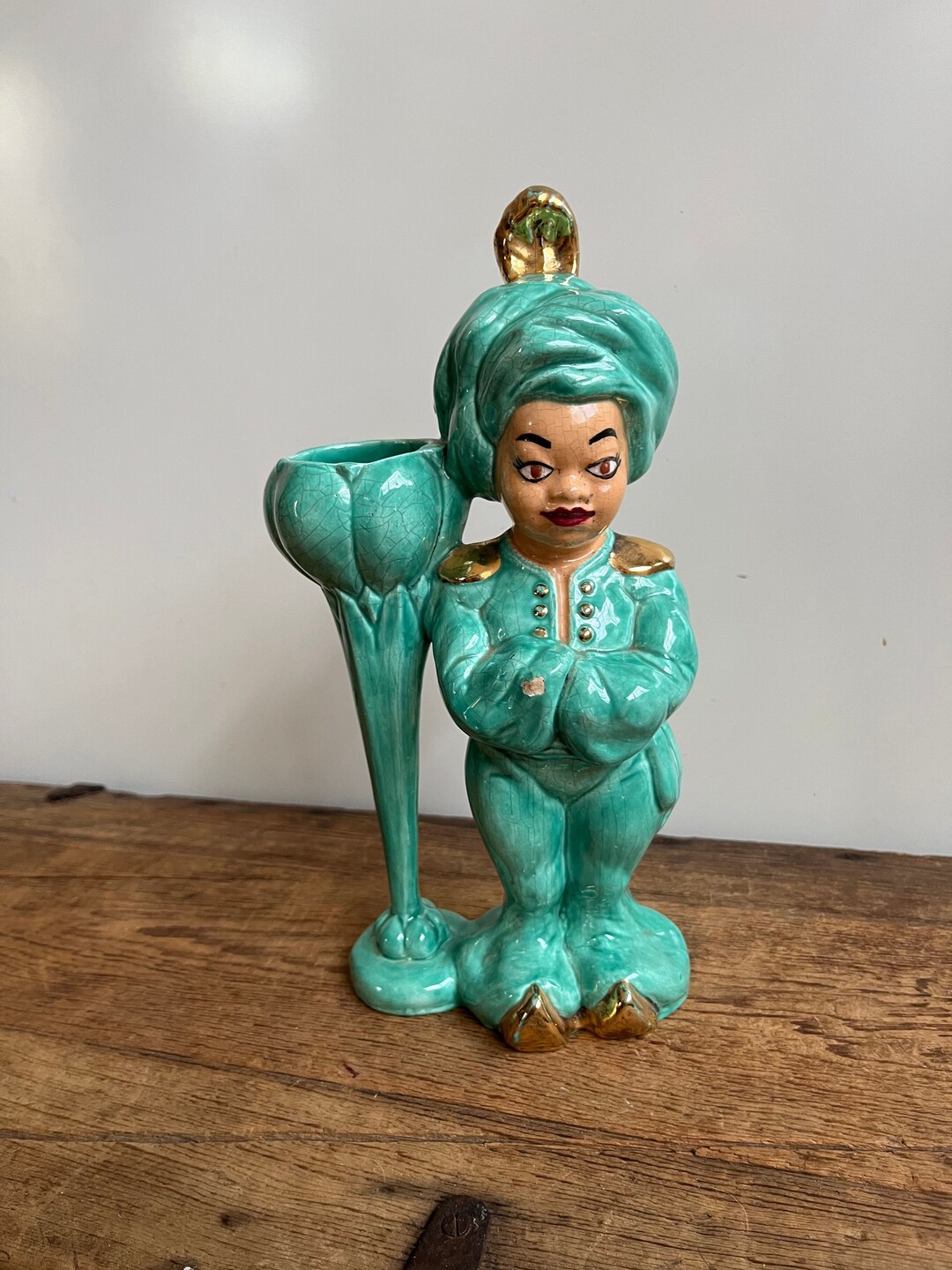 Vintage Green Ceramic Genie Figure Bud Vase, Arabian Nights, Genie in a ...