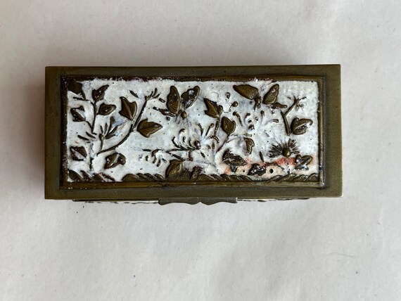 Antique Butterfly Floral Brass Chinese Stamp Box, Whi… - Gem