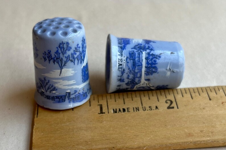 Vintage Blue Currier and Ives Porcelain Thimble Pair, the Old Home in ...