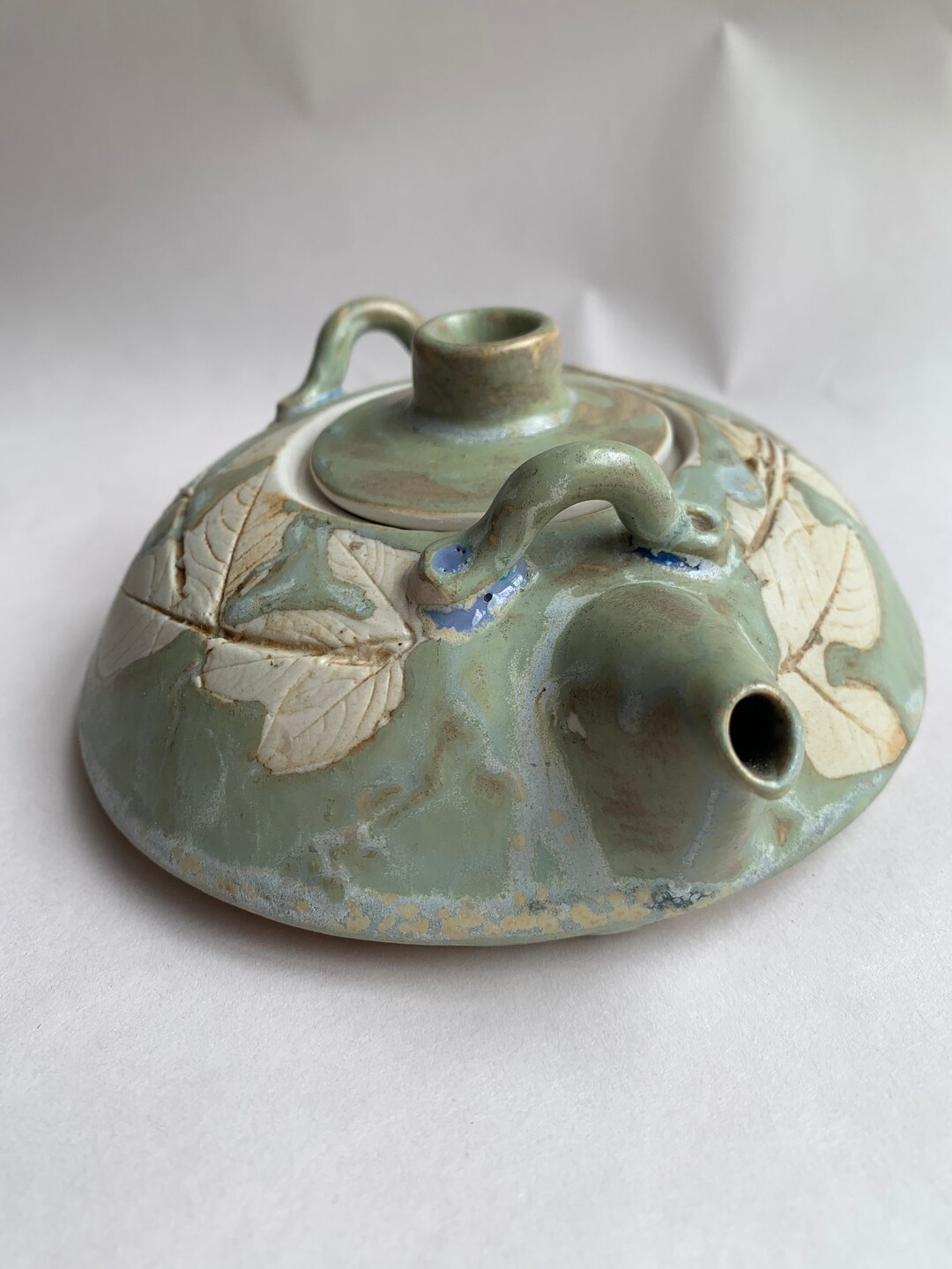 Vintage Tenmoku Pottery Teapot Light Green Leaf Motif Made in Malaysia ...