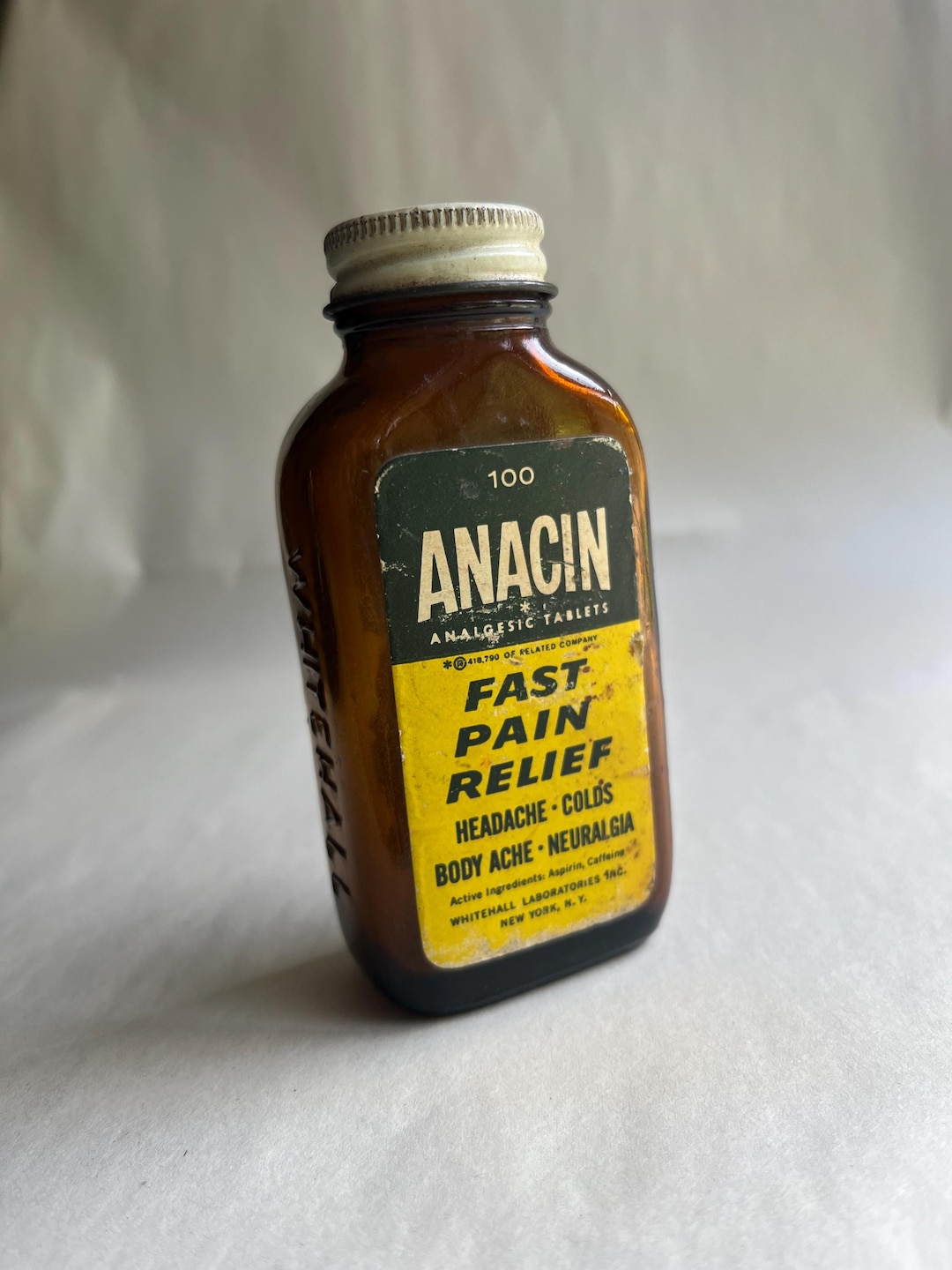 Vintage Amber Glass Anacin Bottle: Whitehall Laboratories Medicine ...