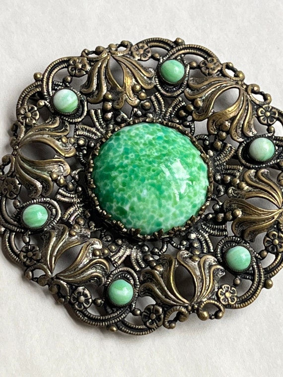 Antique Green Dot Jade Stamped Brass Brooch Sash Pin … - Gem