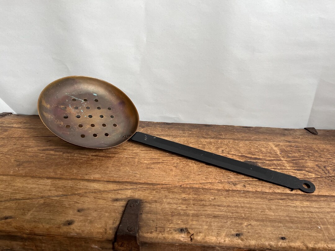 Vintage Copper Ladle Strainer Spoon With Long Wrought Iron Style Handle ...