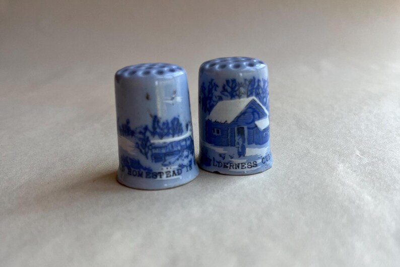 Vintage Blue Currier and Ives Porcelain Thimble Pair, the Old Home in ...