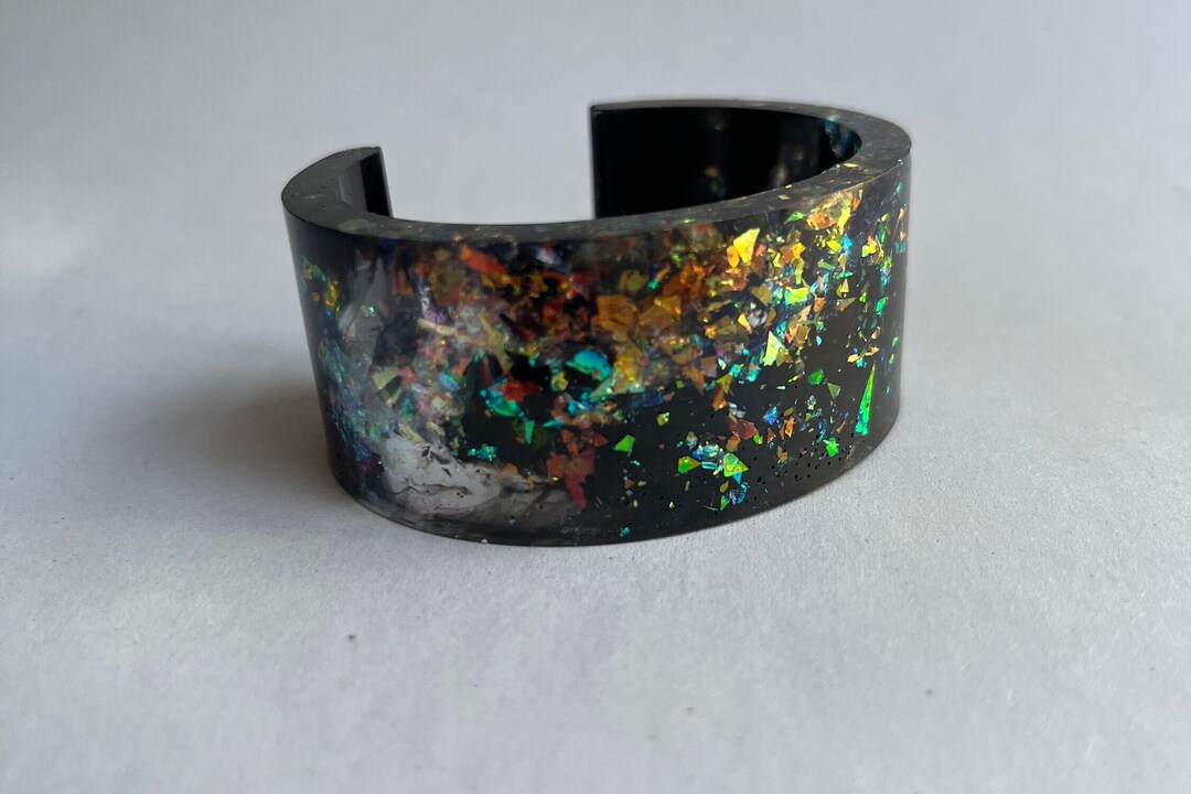 Black Opal Iridescent Resin Cuff Bracelet Big Bangle Statement Jewelry ...