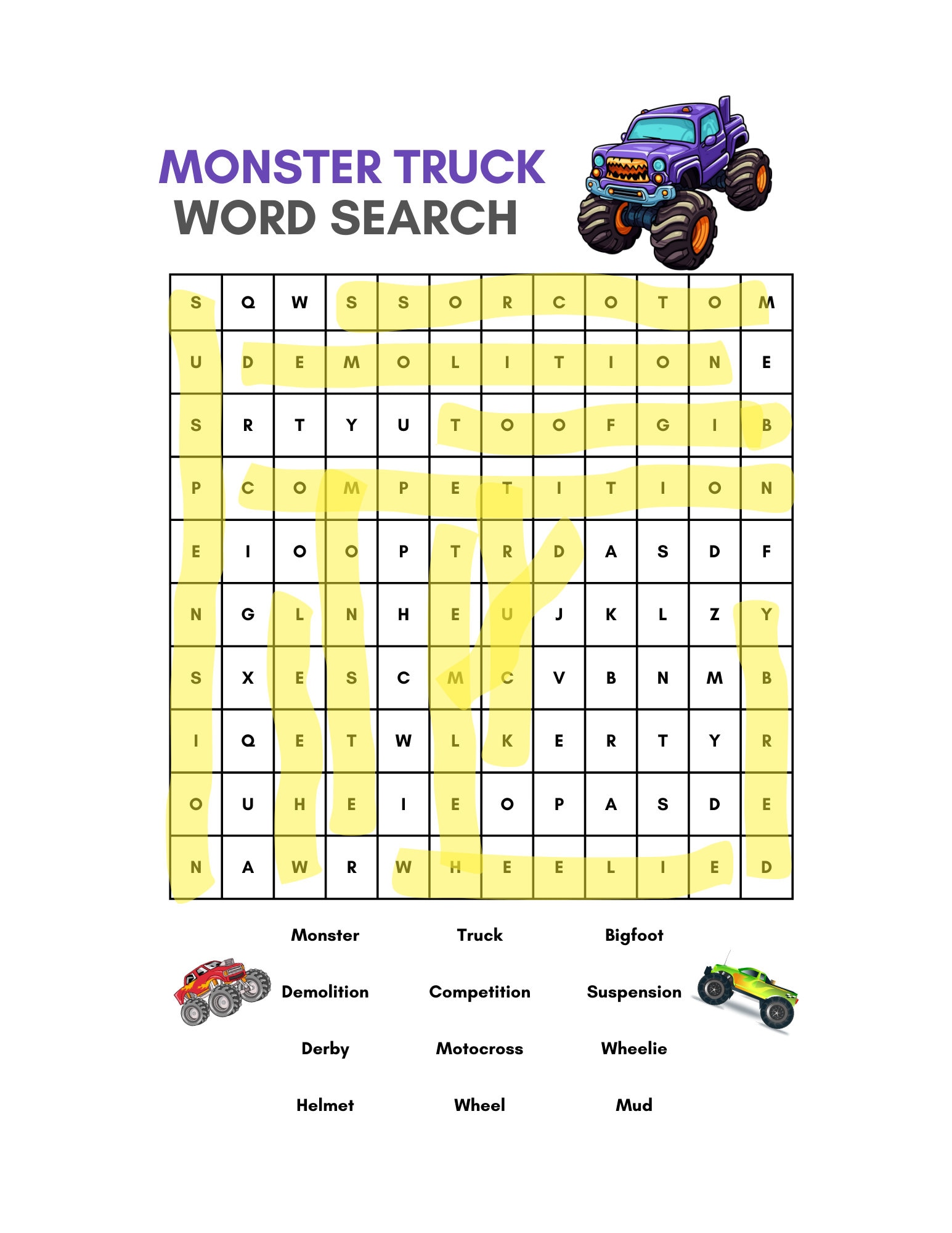 Printable Monster Truck Word Search With Answer Key/monster Truck ...